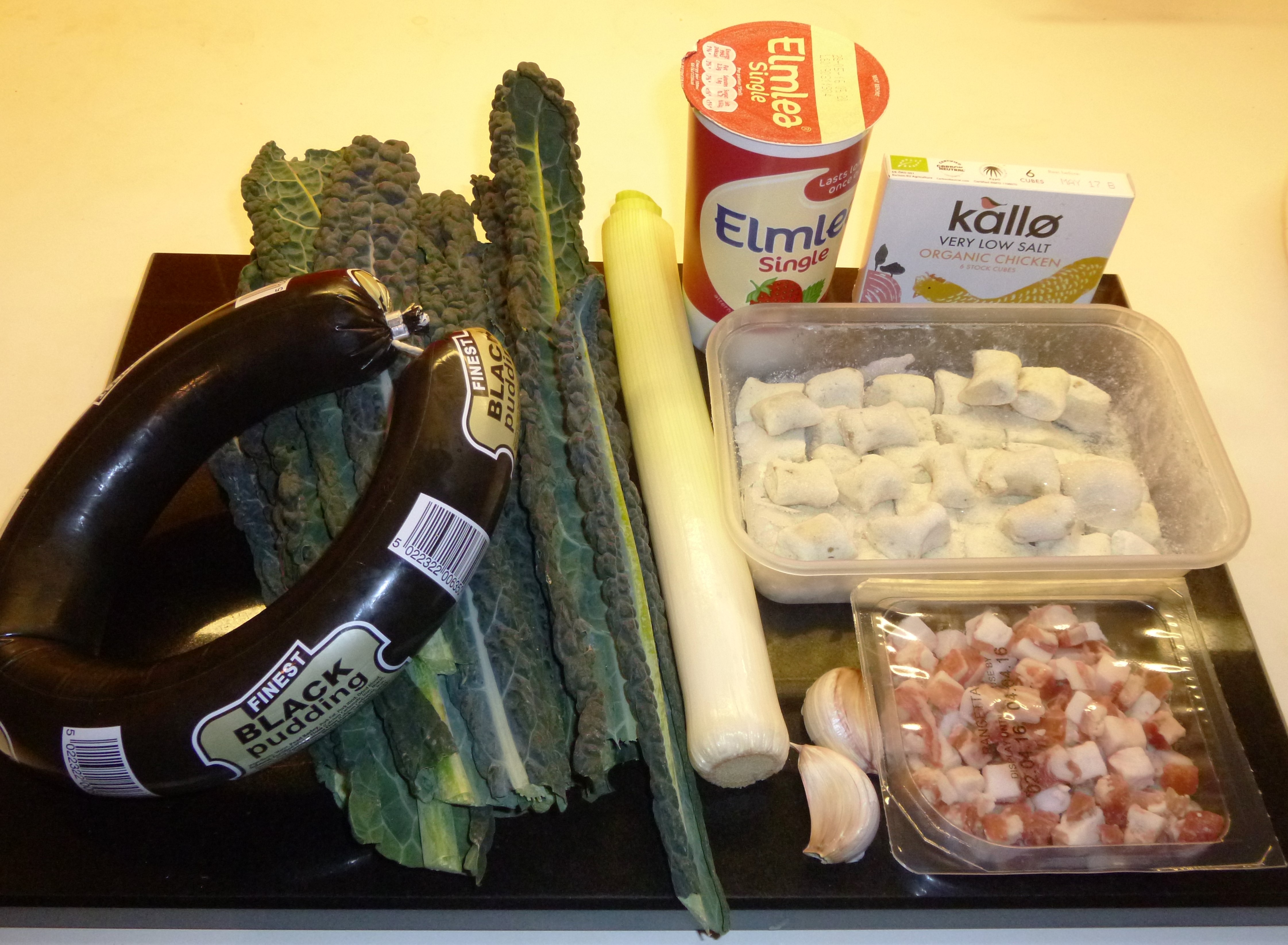 Baked Gnocchi, Cavolo Nero, Black Pudding and Pancetta with Creamy Sauce