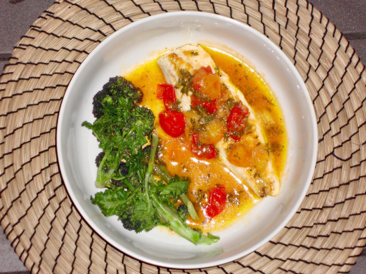 Pan Fried Sea Bass with Cherry Tomato, Wine and Thyme Sauce