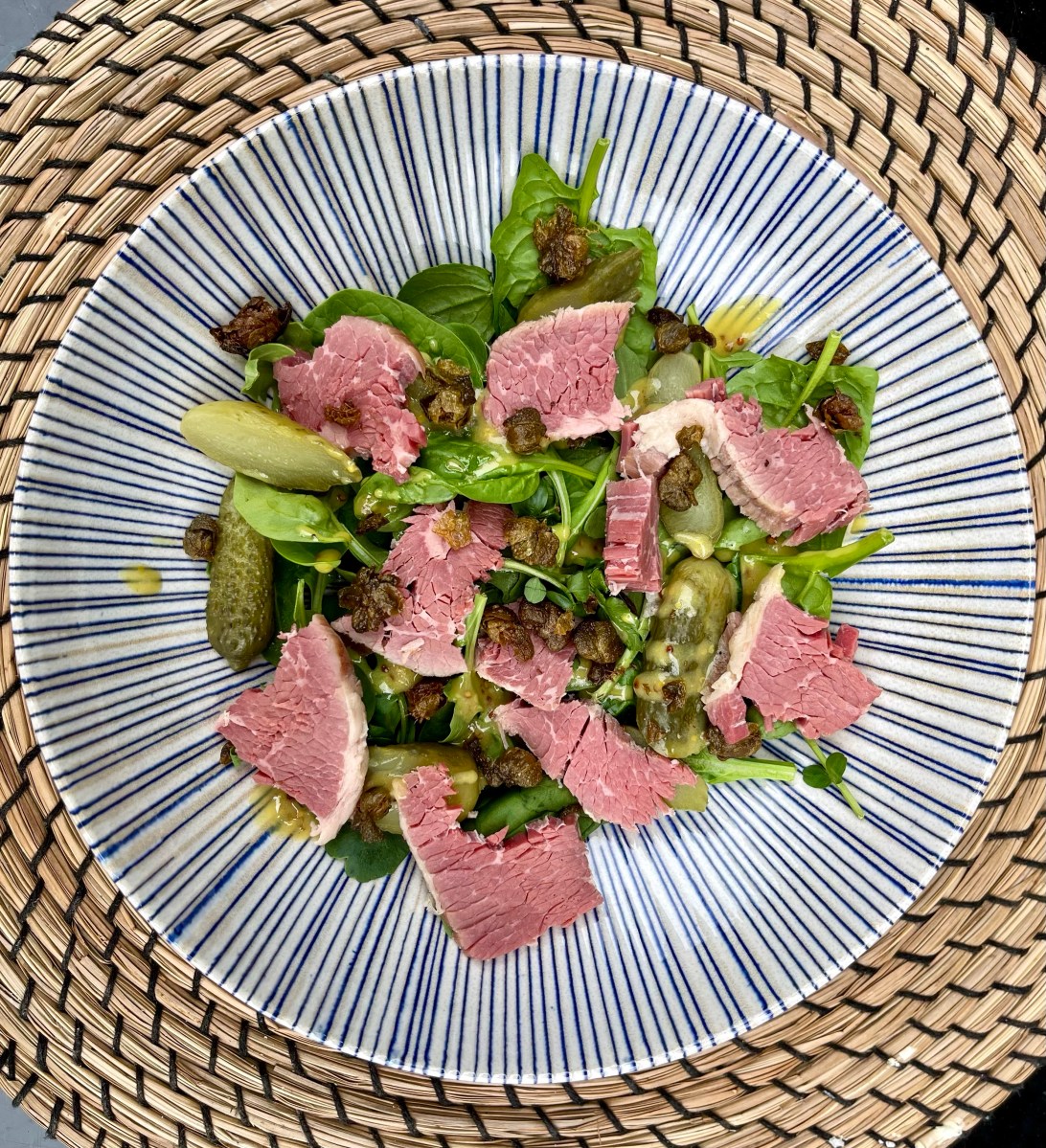 Salt Beef Salad with Crispy Capers and a Three Mustard Dressing