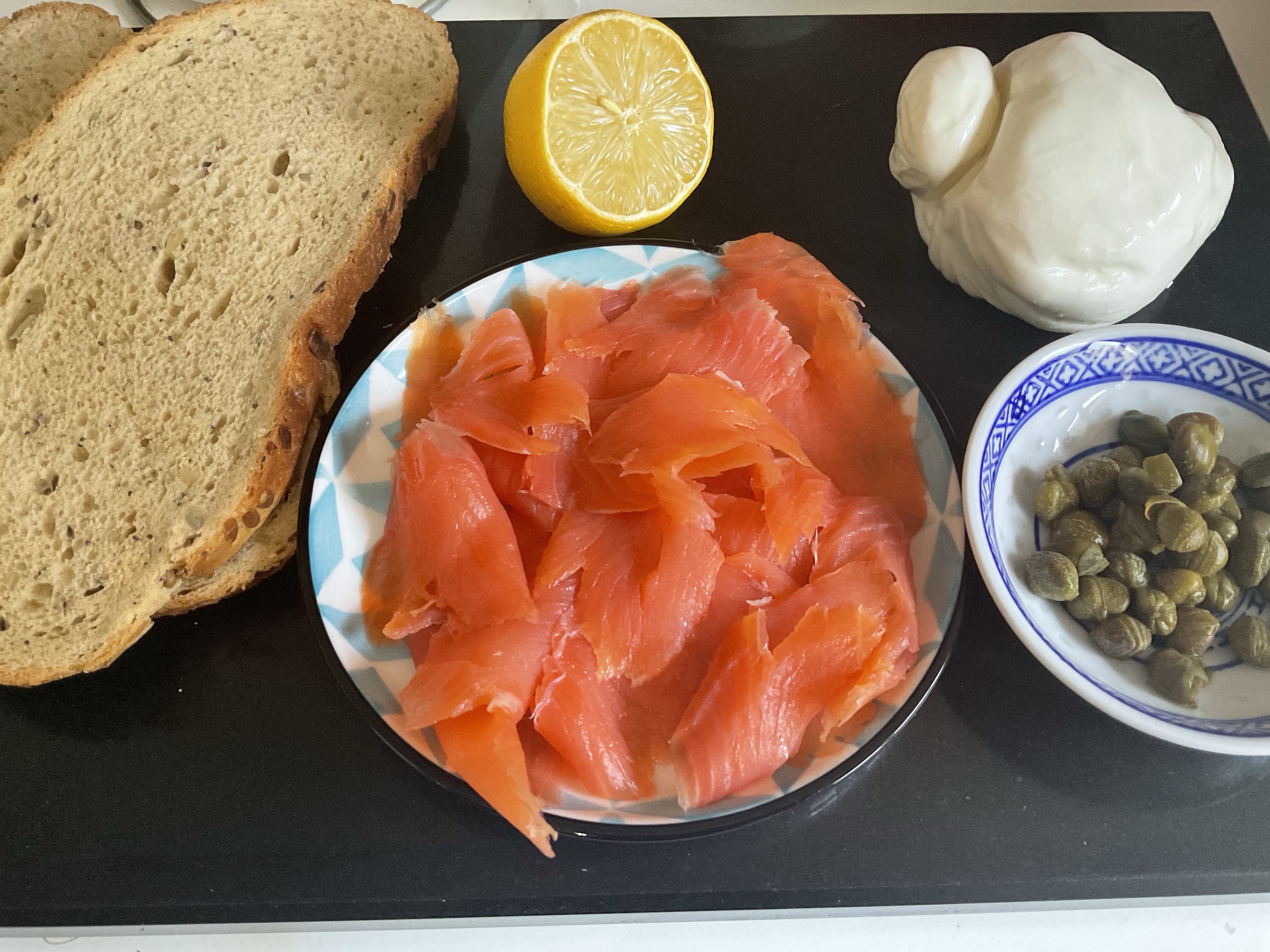 Smoked Salmon and Burrata on Toast with Capers