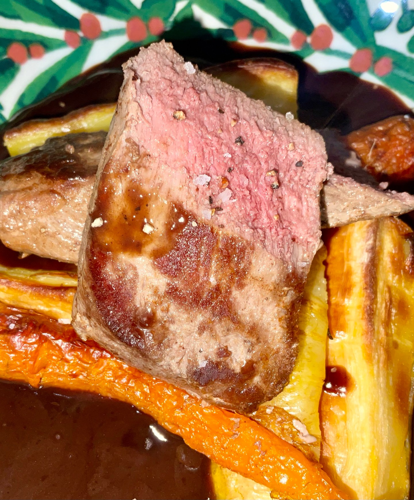 Venison Loin with a Red Wine and Juniper Sauce Served with Roasted ...