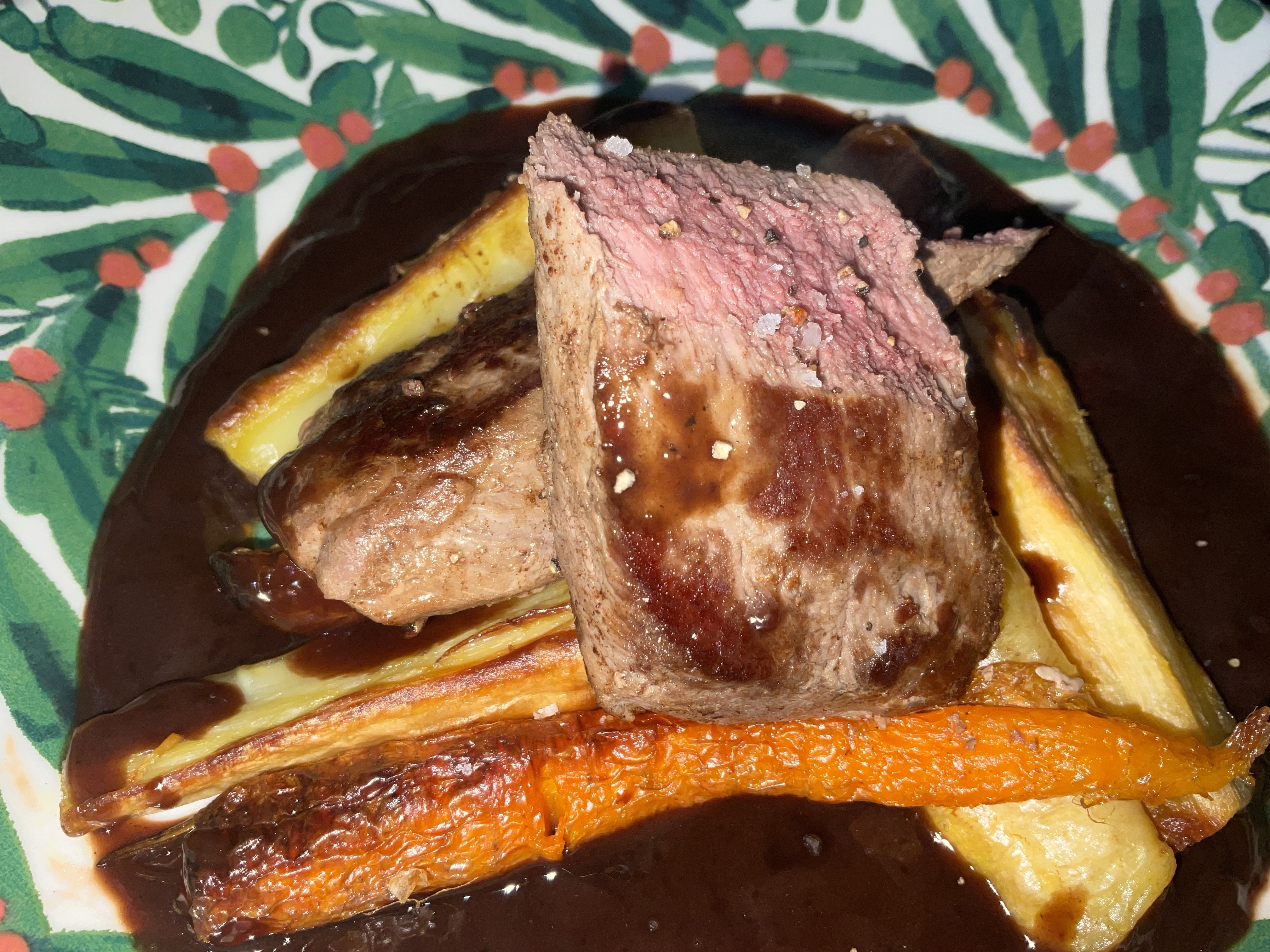 Venison Loin with a Red Wine and Juniper Sauce Served with Roasted ...