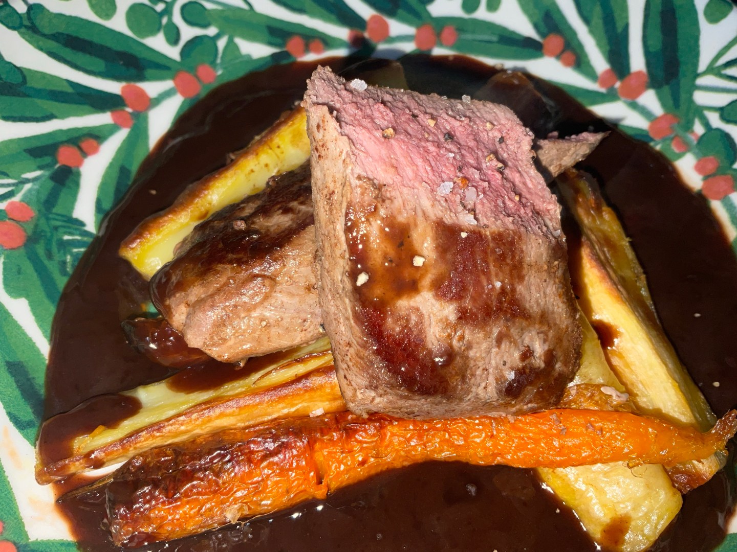 Venison Loin with a Red Wine and Juniper Sauce Served with Roasted ...