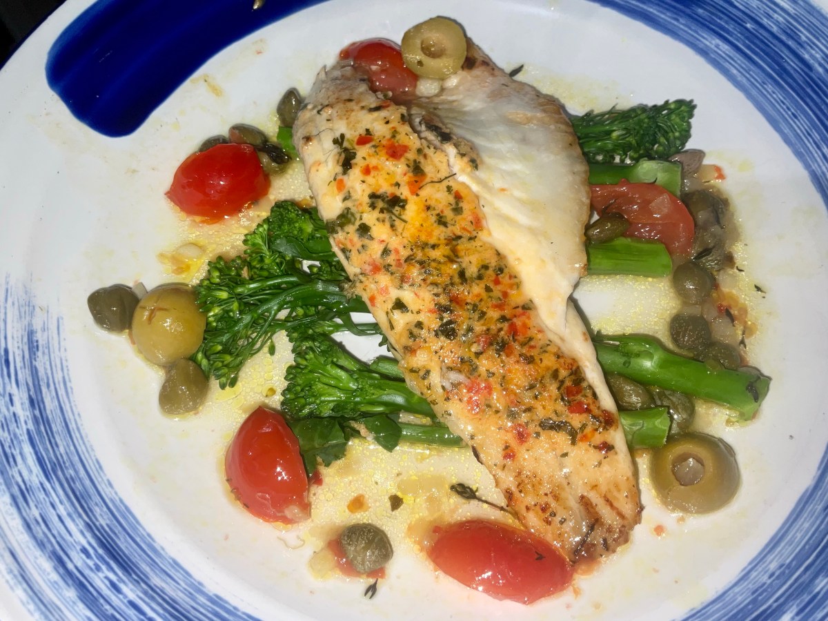 Marinated Sea Bass Fillets with a Tomato, Olive and Caper Sauce