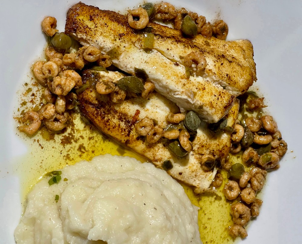Halibut Fillets with a Shrimp, Caper, Lemon and Butter Sauce