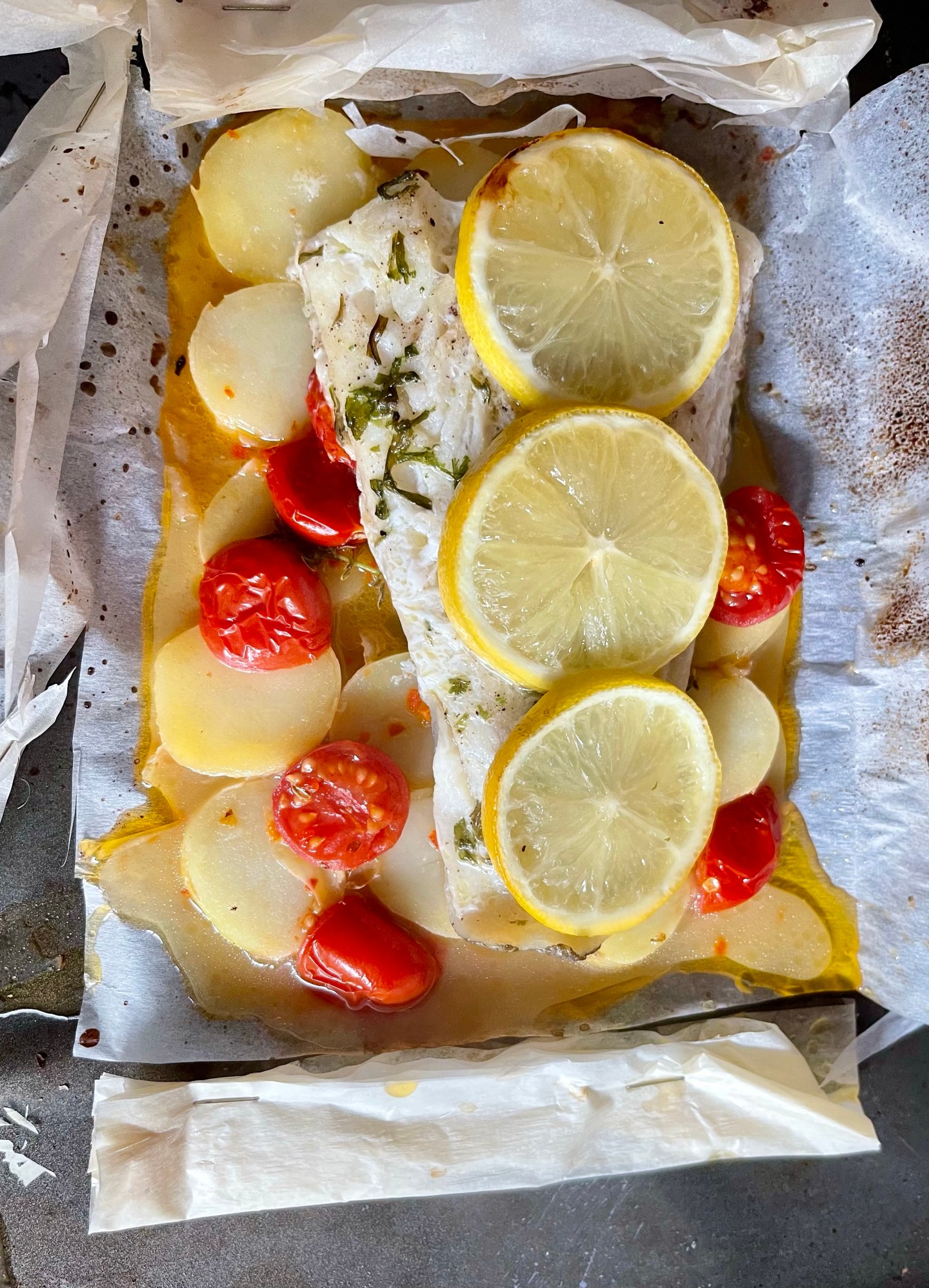 Cod En Papillote with New Potatoes and Tomatoes