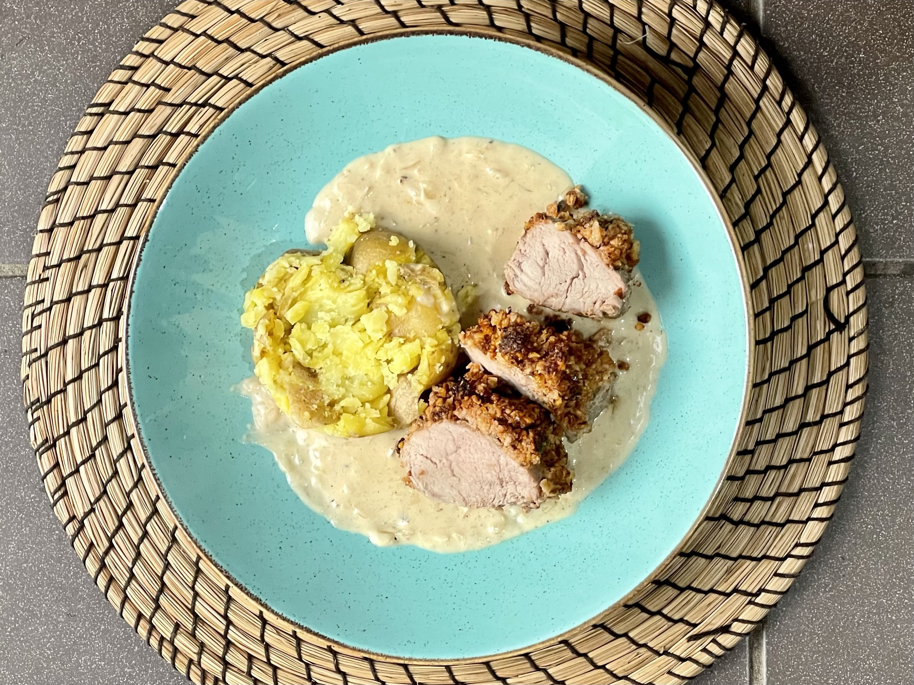 Herb and Walnut Crusted Pork Fillet with a Cream Cheese Sauce