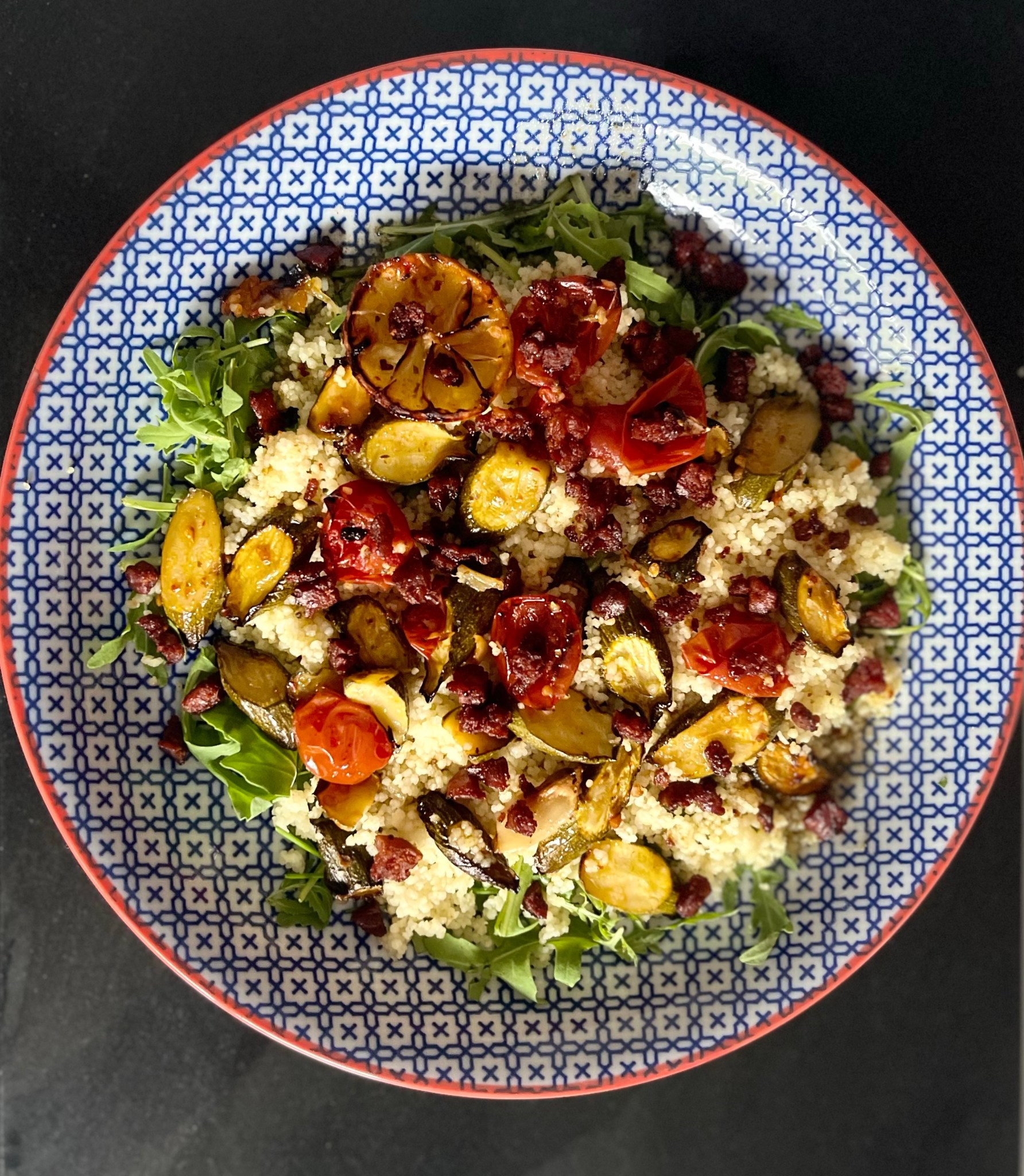 Roasted Summer Vegetable and Chorizo Couscous with Cumin and Honey