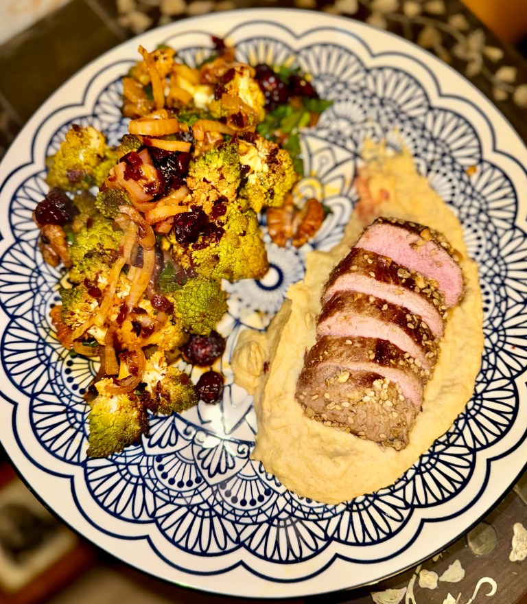 Dukkha Crusted Lamb on Warm Hummus Served with Harissa Roasted Romesco ...