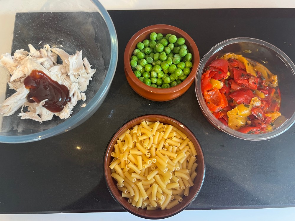 Leftover Chicken, Pea and Pepper Pasta in a BBQ Sauce