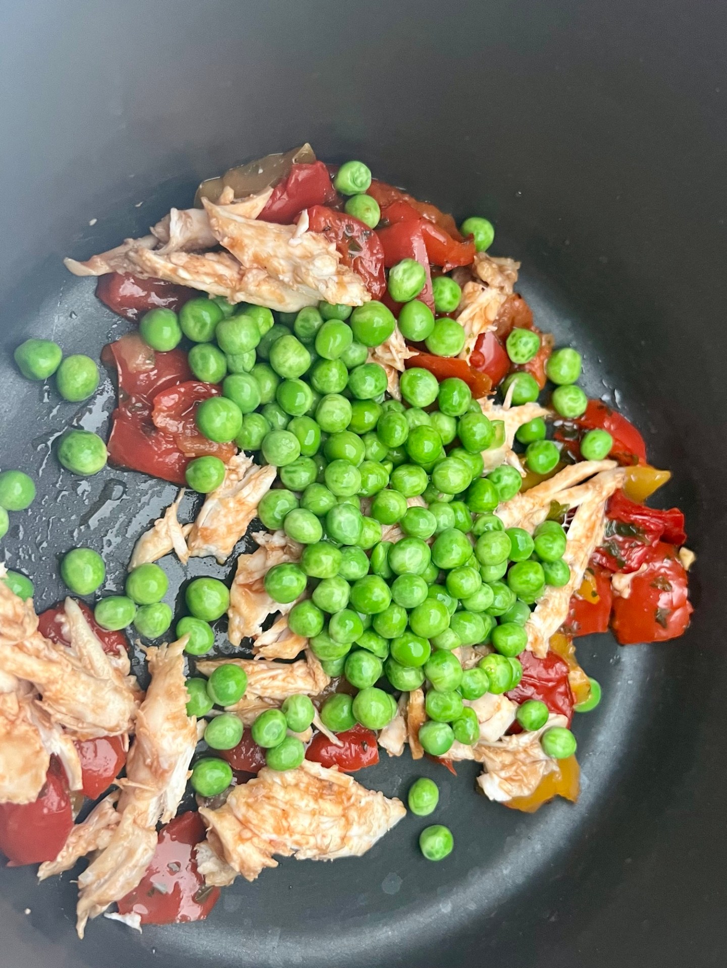 Leftover Chicken, Pea and Pepper Pasta in a BBQ Sauce